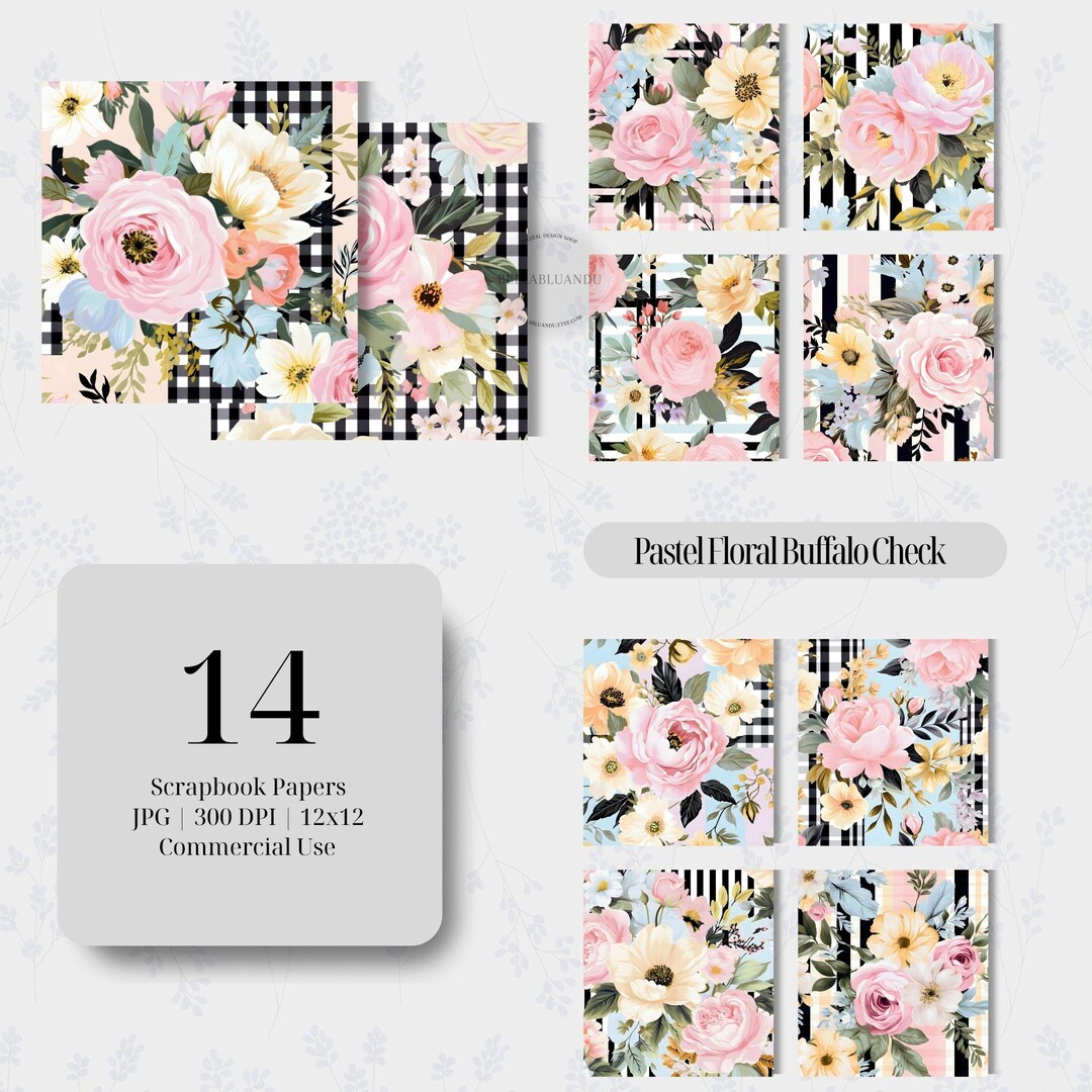 Pastel Flower Buffalo Check Digital Paper Pack for Junk Journals ...