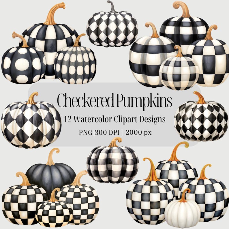 Whimsical Checkered Pumpkin Clipart PNG Transparent Background Black ...