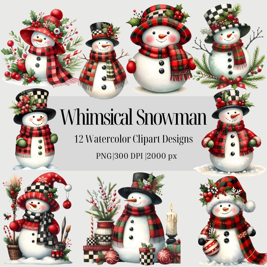 Whimsical Christmas Snowman Clipart: Buffalo Check PNG (digital ...