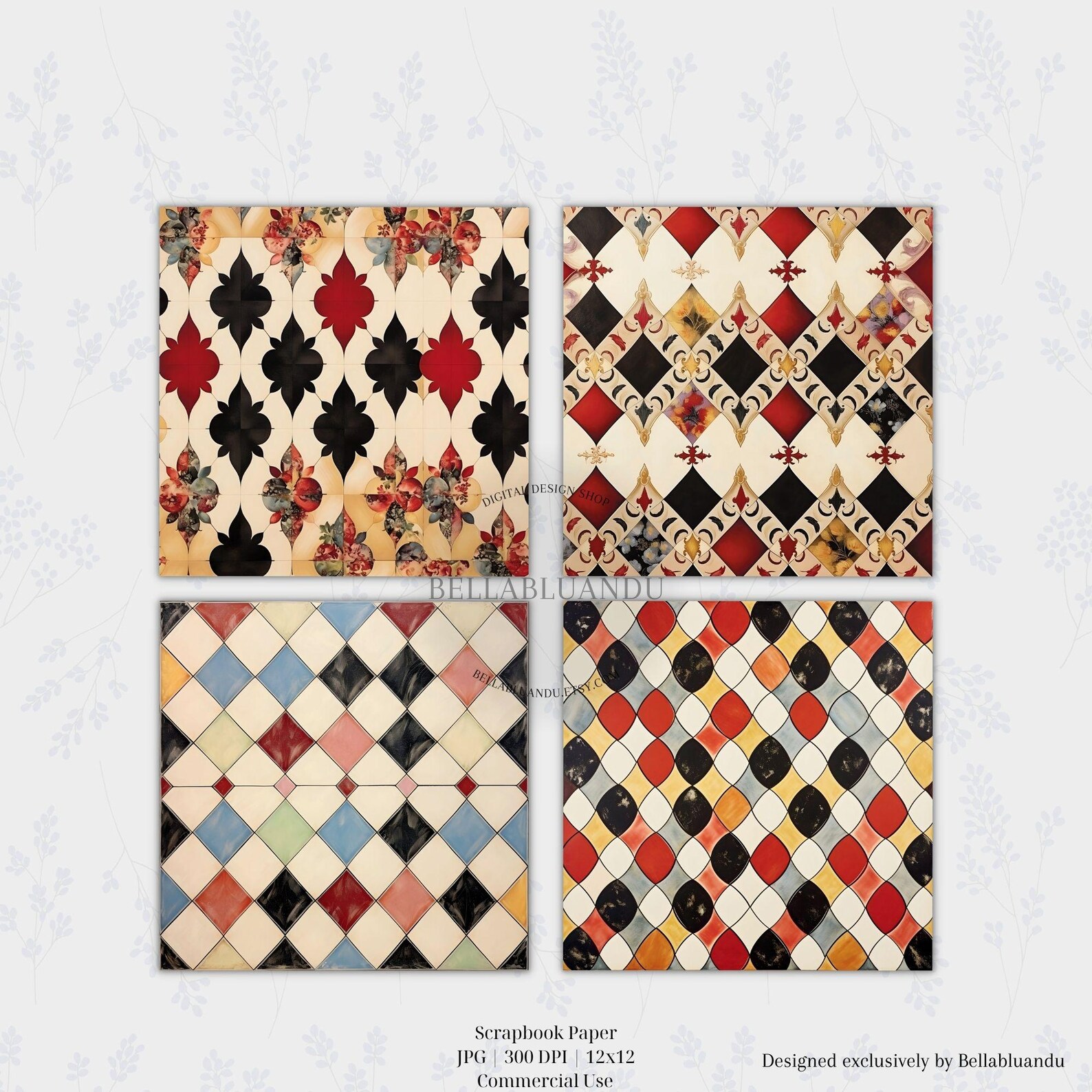 Scrapbook Paper Harlequin Check Pattern Digital Download Junk Journal ...