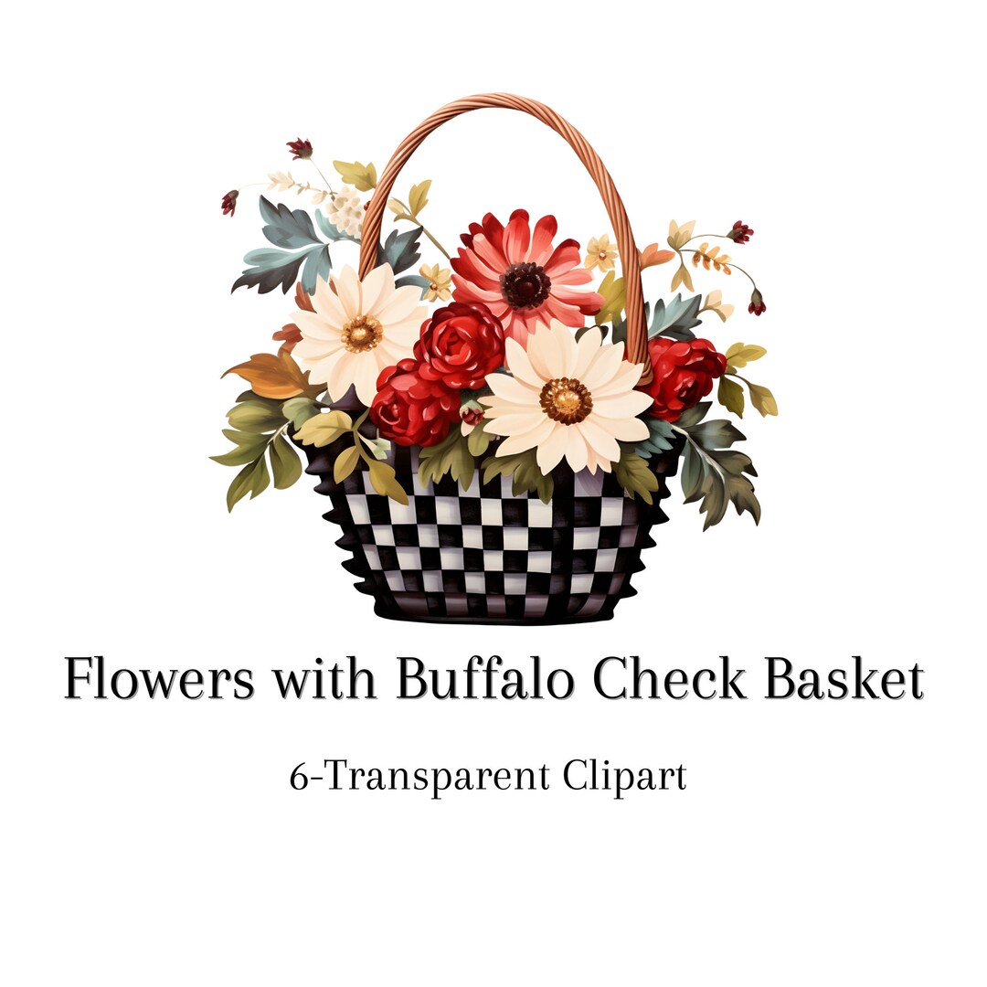 Basket of Flowers Buffalo Check Clipart PNG Transparent Background ...
