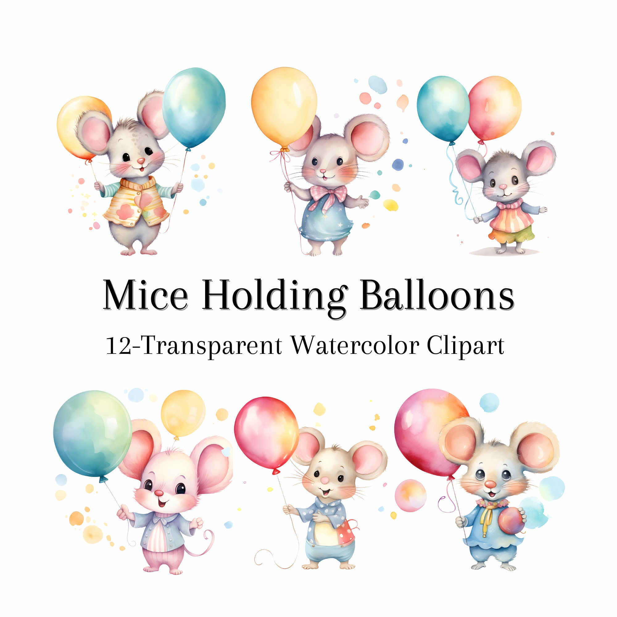 Watercolor Mice With Balloons Clipart Set PNG Transparent Background ...