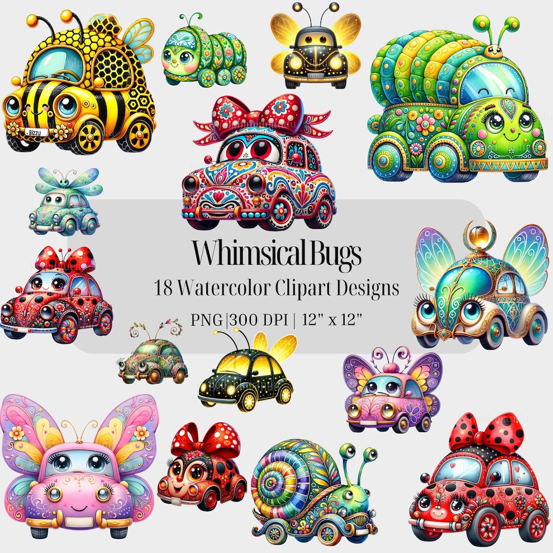 Whimsical Bugs Clipart: Butterfly, Ladybug, Dragonfly (PNG Digital ...
