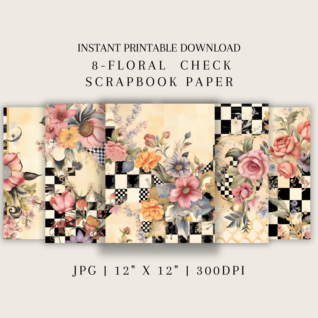 Floral Check Scrapbook Paper Instant Digital Download Spring Flowers ...