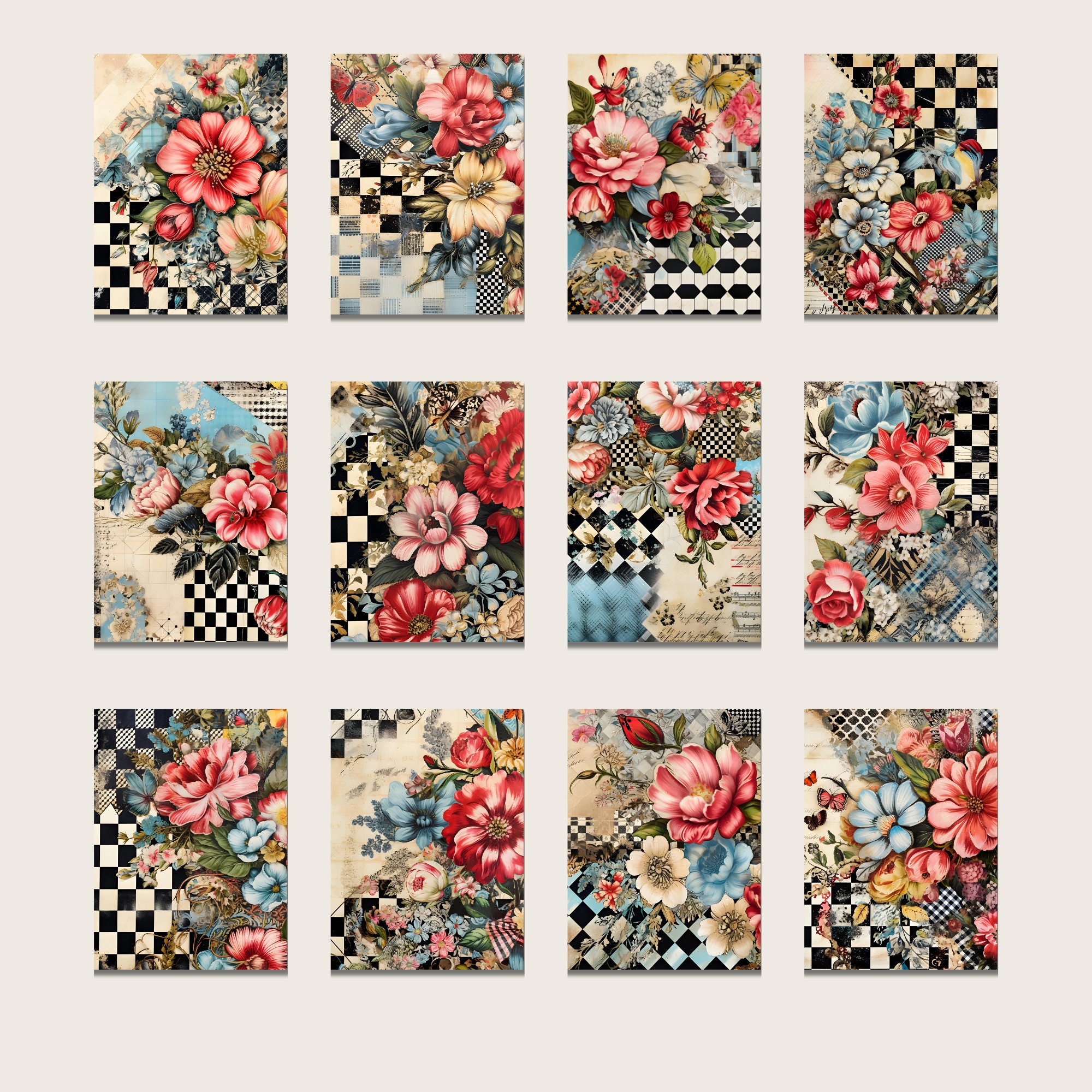 Floral Check Pattern Scrapbook Printable Instant Digital Download Paper ...