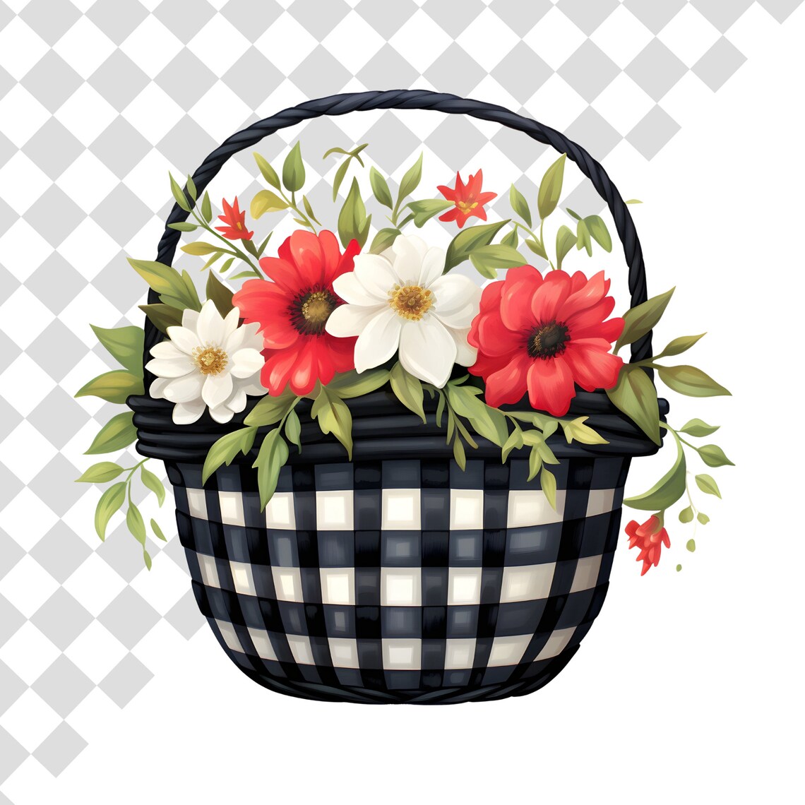 Basket of Flowers Buffalo Check Clipart PNG Transparent Background ...