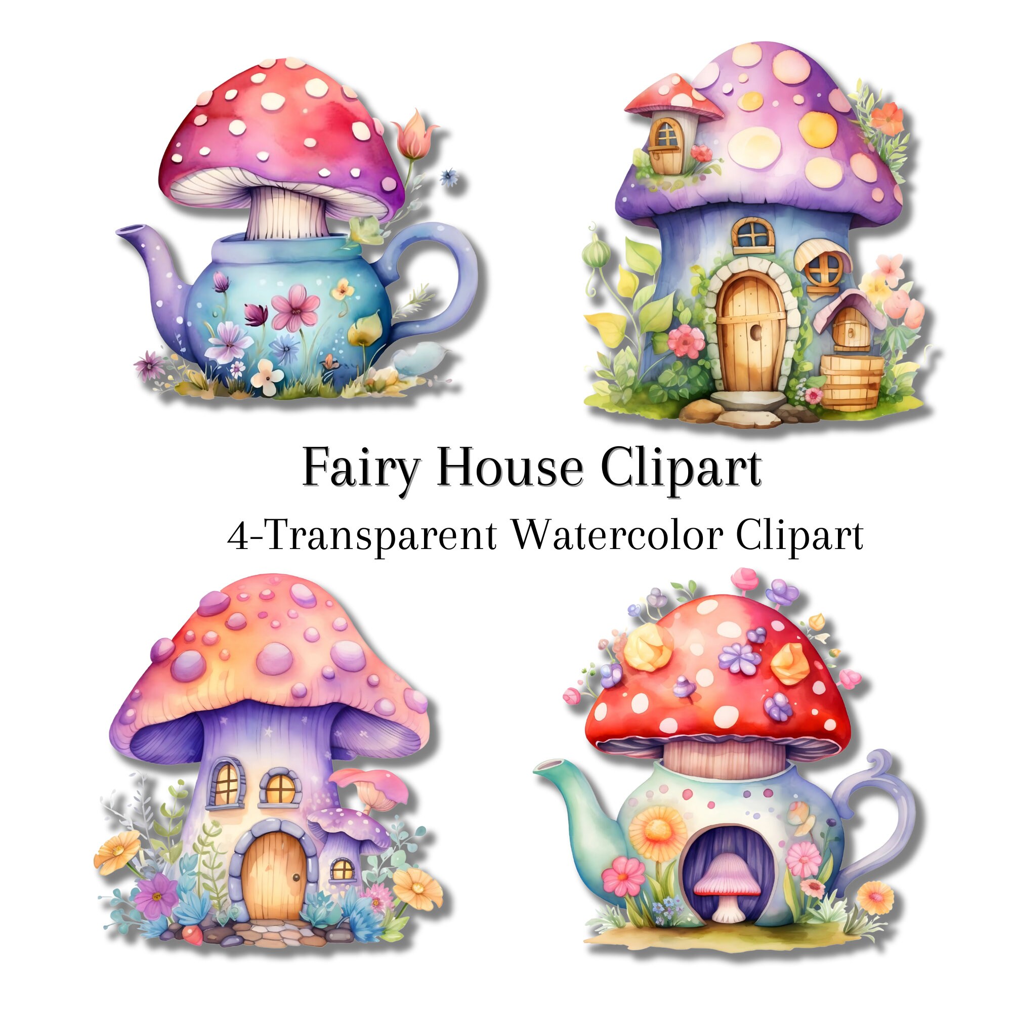 Fairy Houses Watercolor Clipart Transparent PNG Instant Digital ...