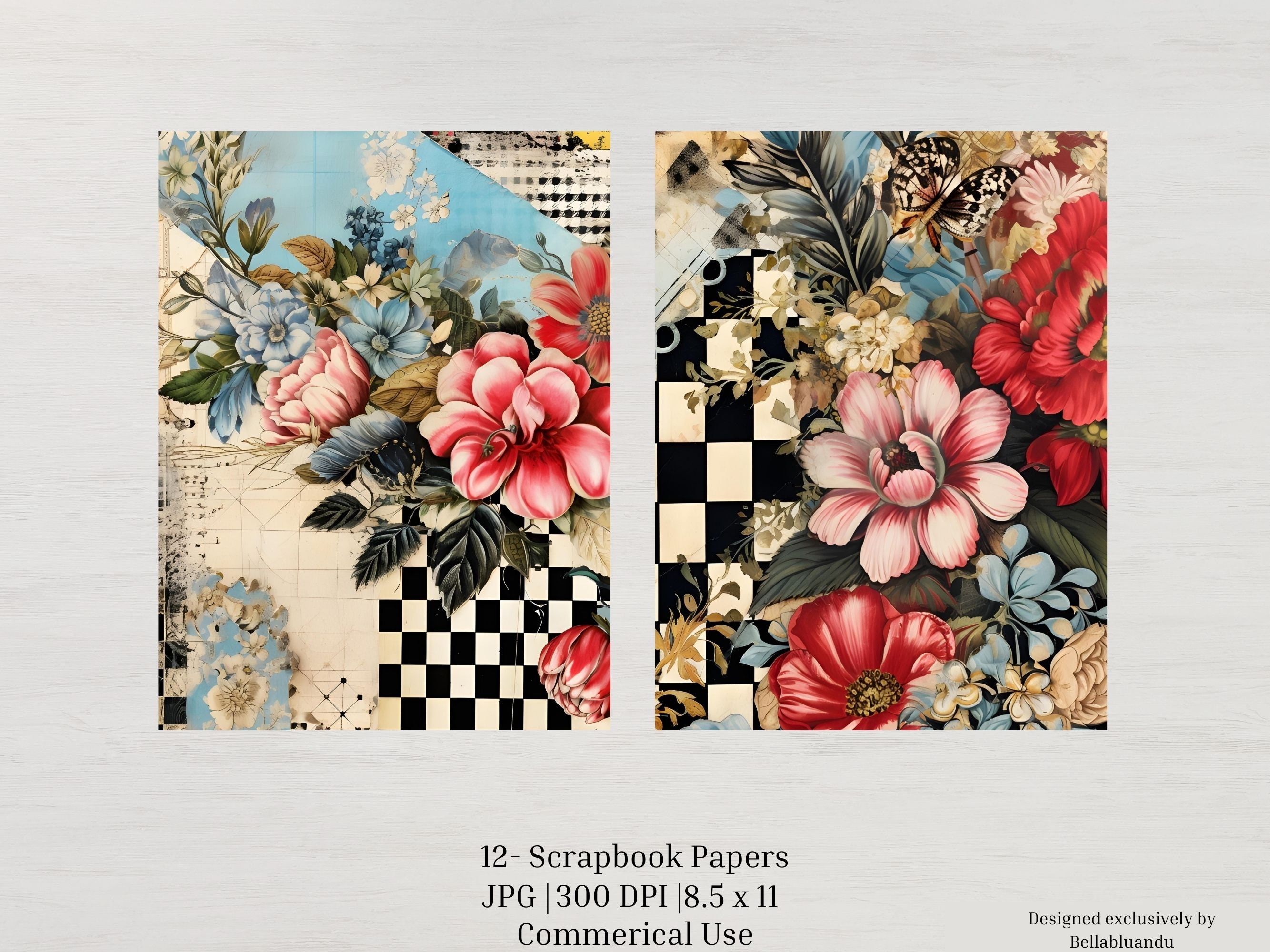 Floral Check Pattern Scrapbook Printable Instant Digital Download Paper ...