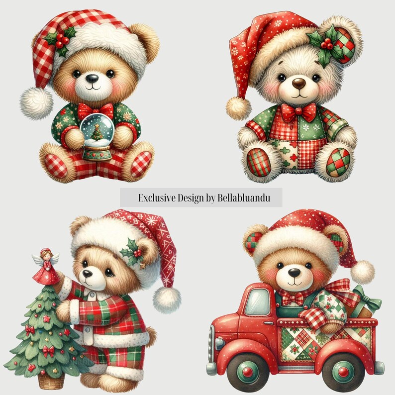 Watercolor Christmas Bear Clipart Buffalo Plaid Check Printable Digital ...