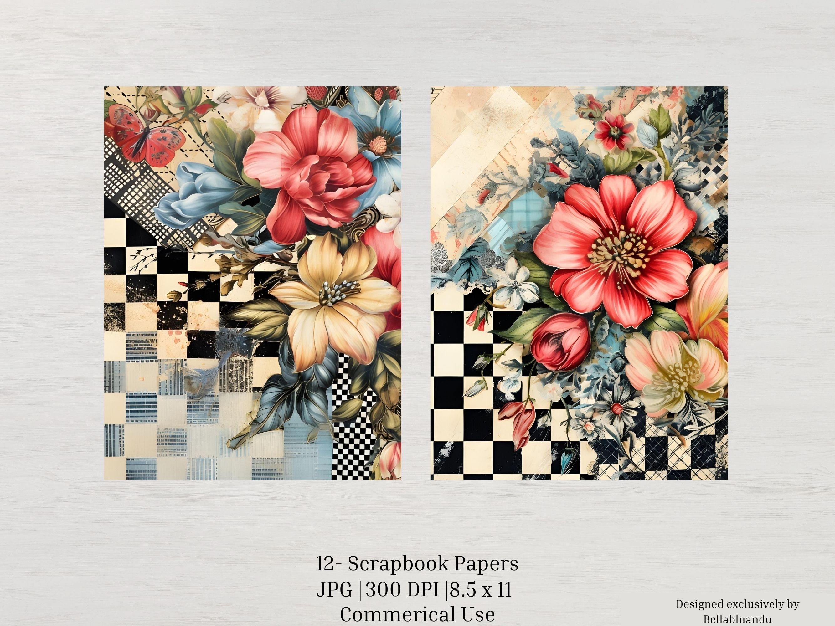 Floral Check Pattern Scrapbook Printable Instant Digital Download Paper ...