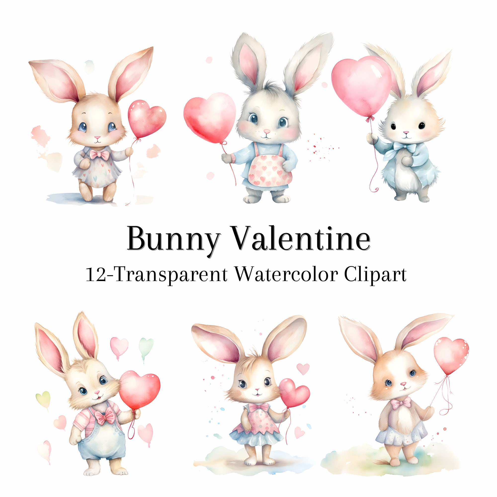 Valentine Bunnies Watercolor Clipart Set Transparent PNG Digital ...