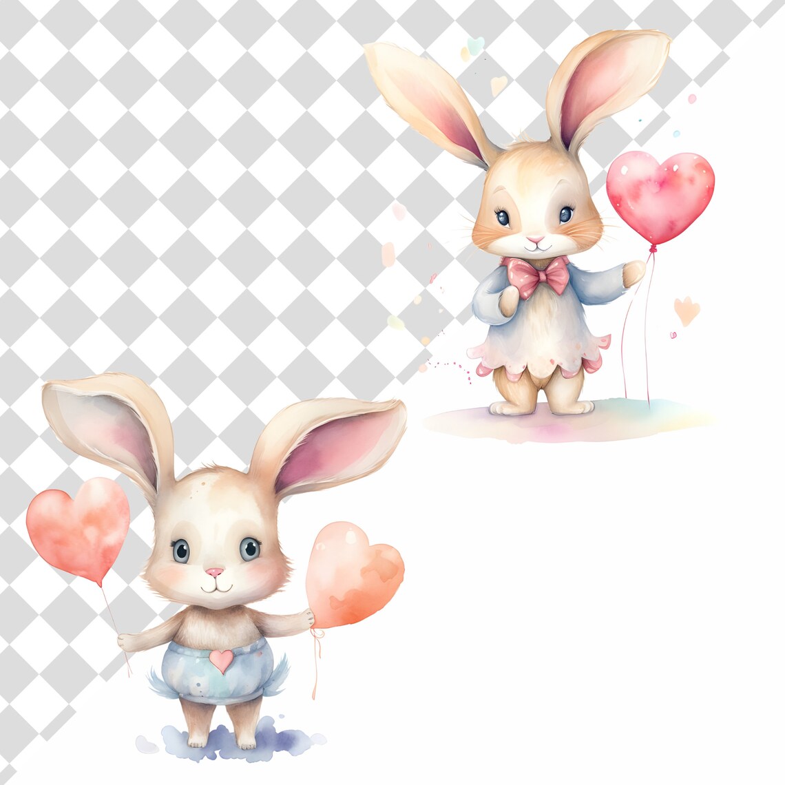 Valentine Bunnies Watercolor Clipart Set Transparent PNG Digital ...