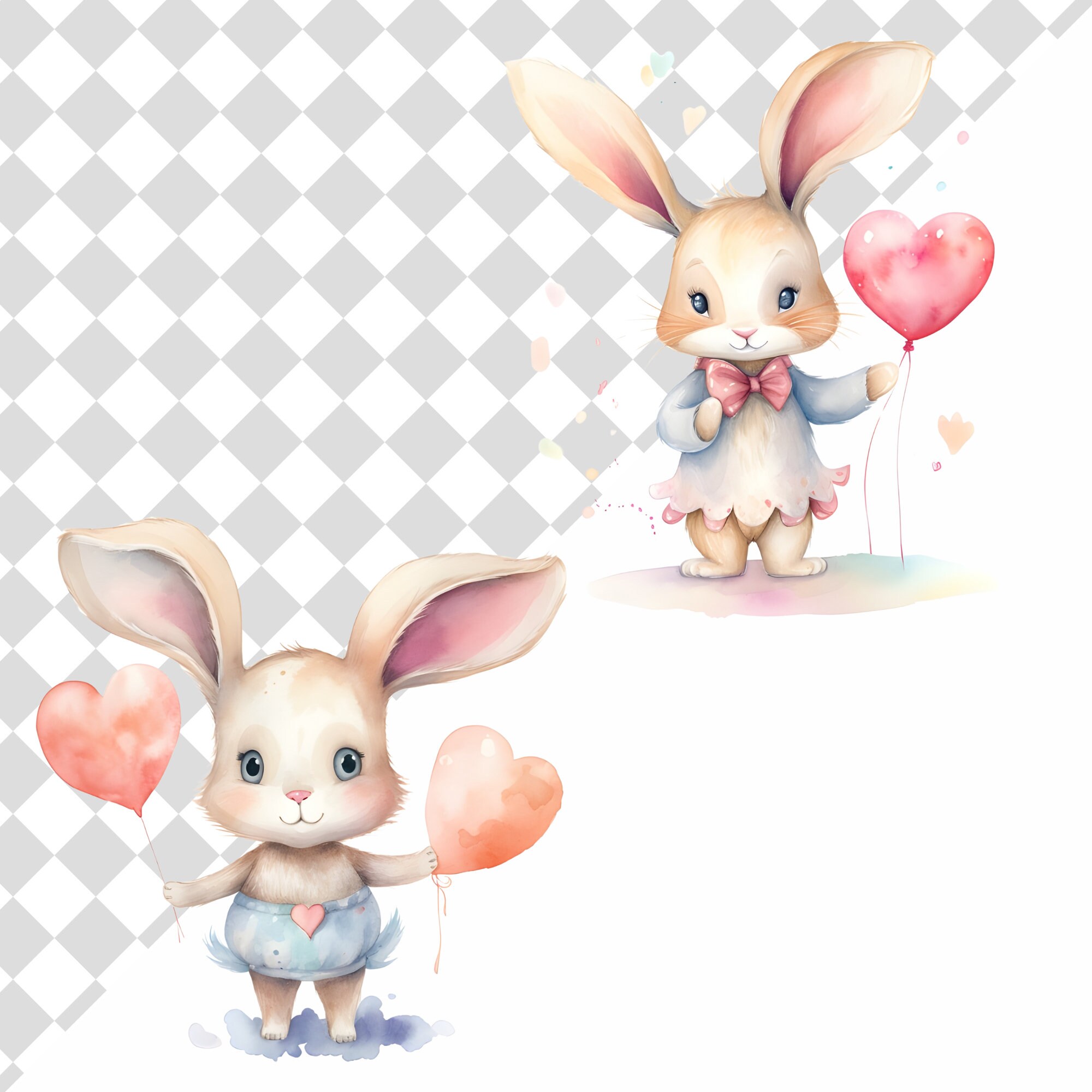 Valentine Bunnies Watercolor Clipart Set Transparent PNG Digital ...