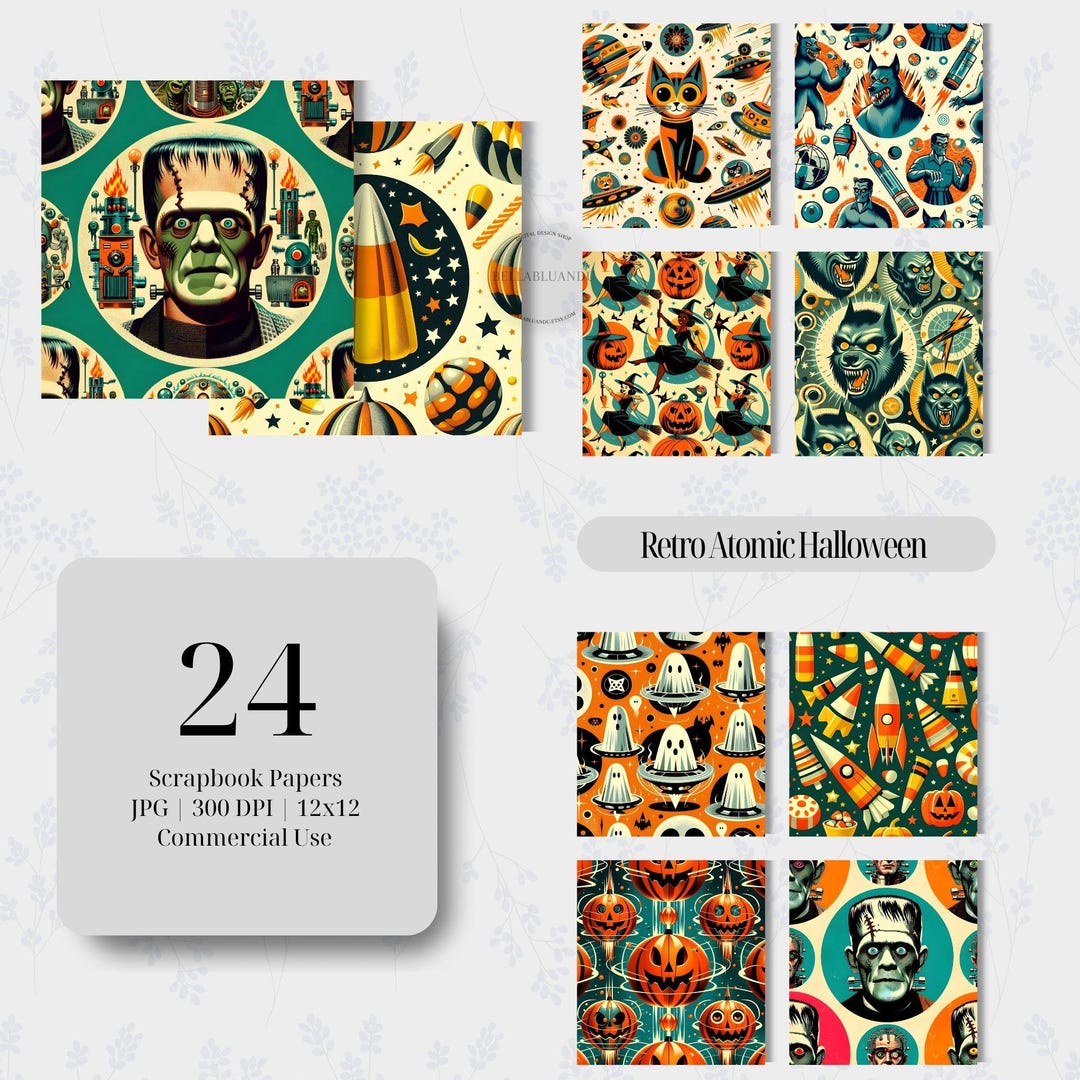 Retro Atomic Halloween Scrapbook Paper: 24 Printable Designs (digital ...