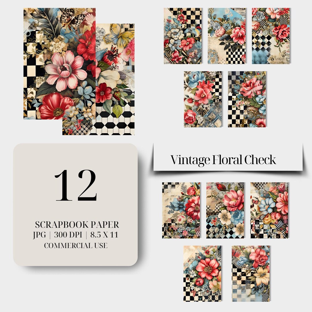 Floral Check Pattern Scrapbook Printable Instant Digital Download Paper ...