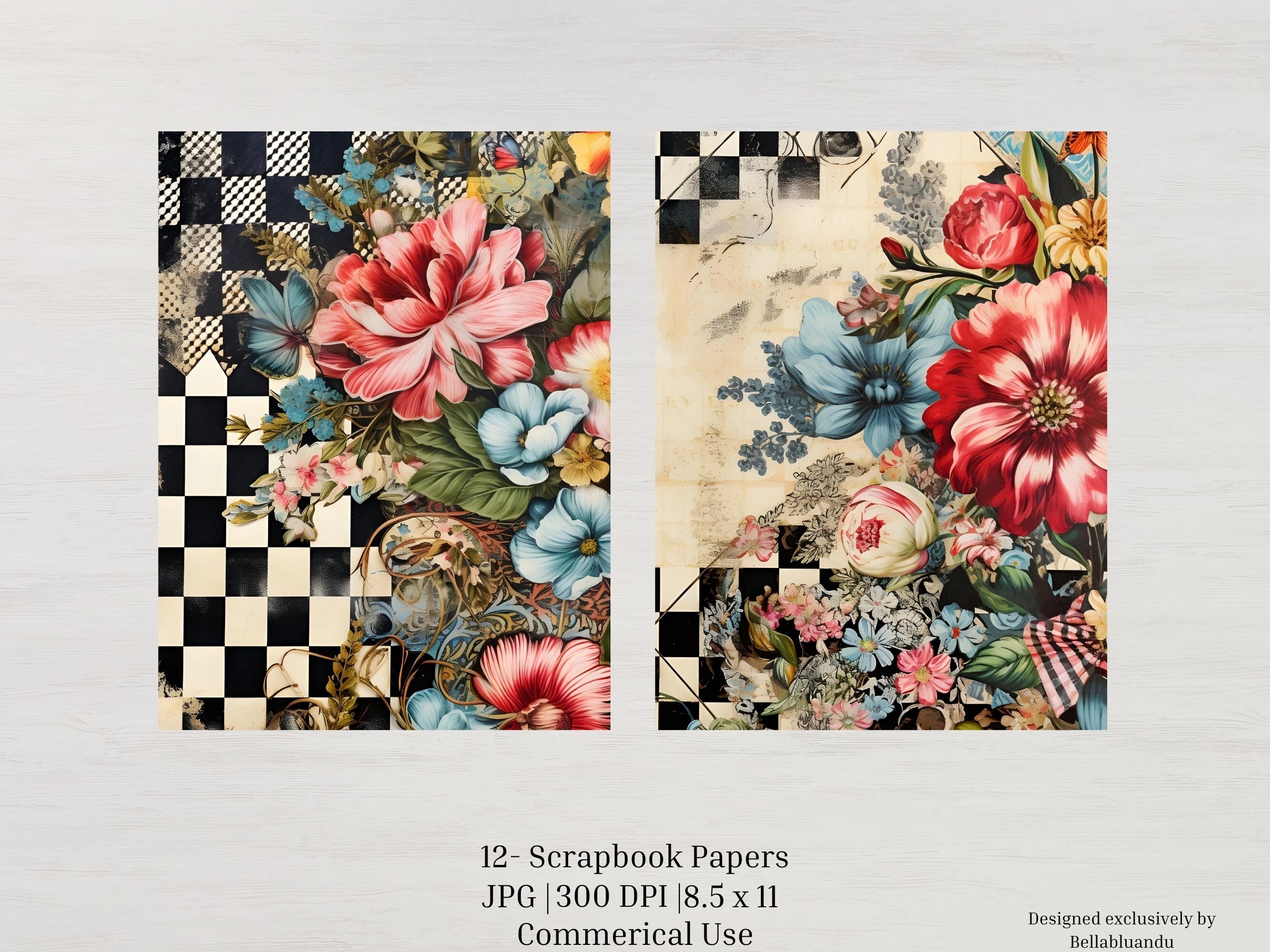 Floral Check Pattern Scrapbook Printable Instant Digital Download Paper ...