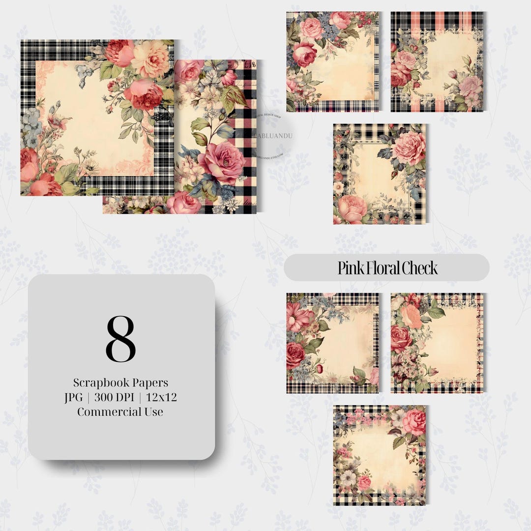 Pink Floral Buffalo Check Scrapbook Paper: Vintage Collage (digital ...