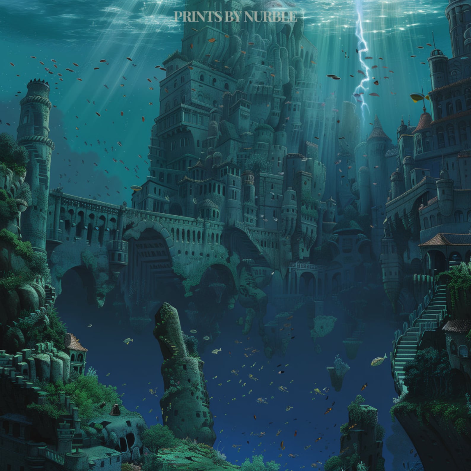 Sinking Atlantis Digital Print - Dramatic Underwater Scene - Animated ...