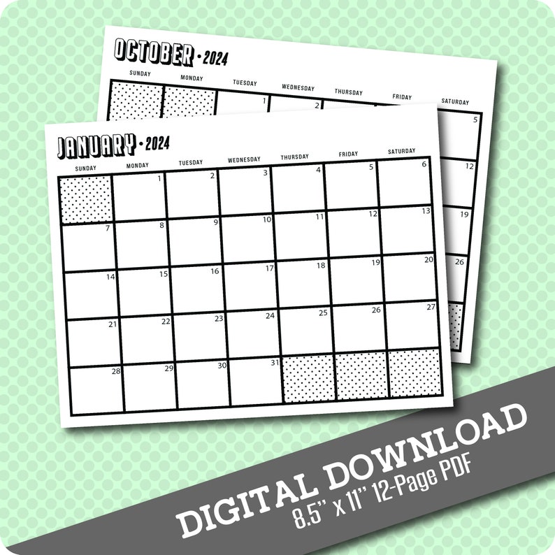 2024 Printable Calendar Digital Download Retro Polka Dots 12 Month PDF ...