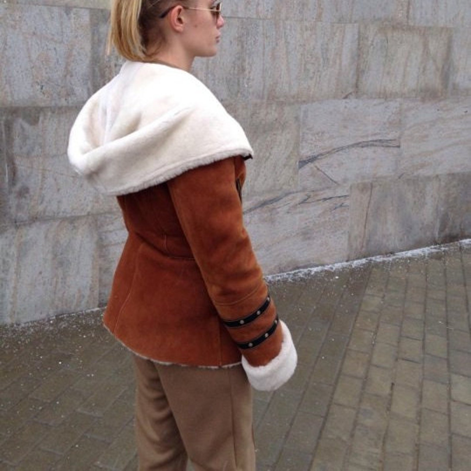 Women Suede Leather Shearling Hooded Fur Leather Coat Winter Warm Fur ...