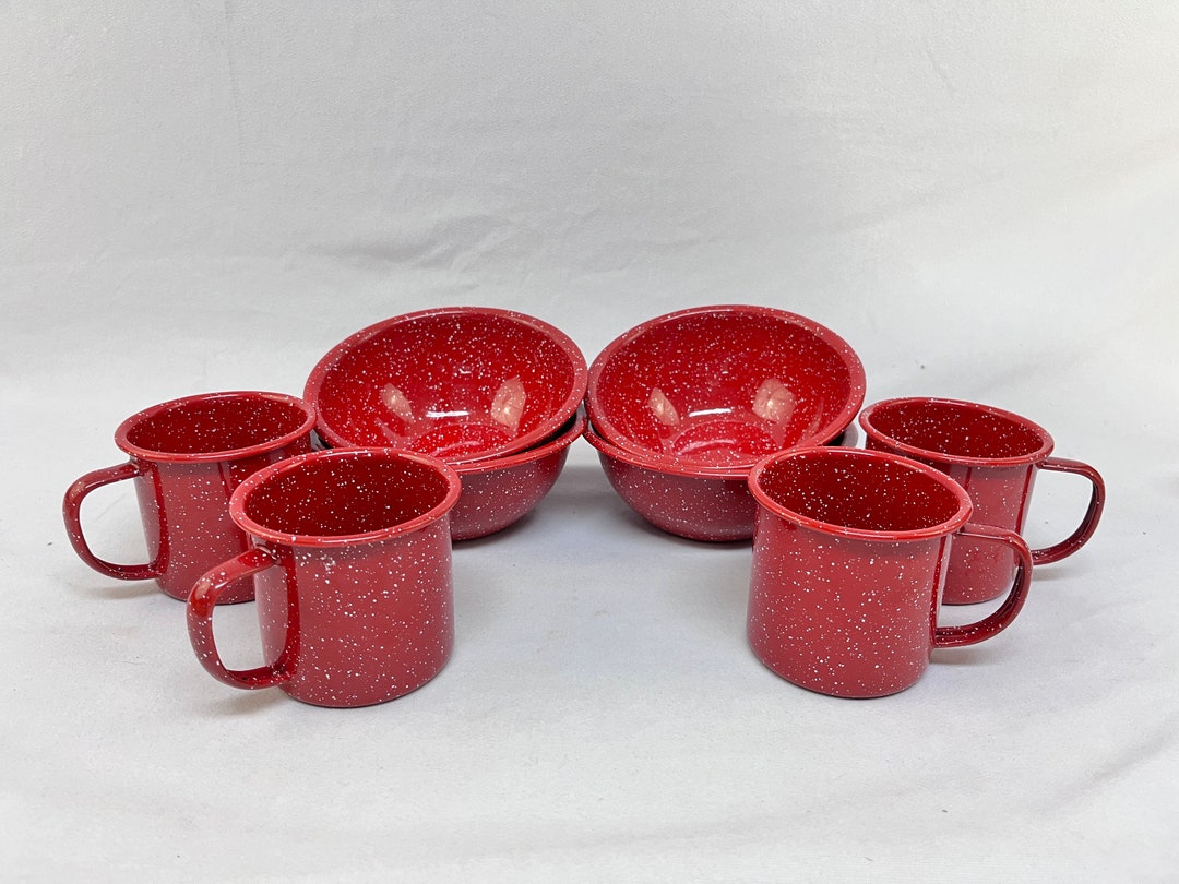 Vintage Red Speckled Enamelware Cups and Bowls - Etsy