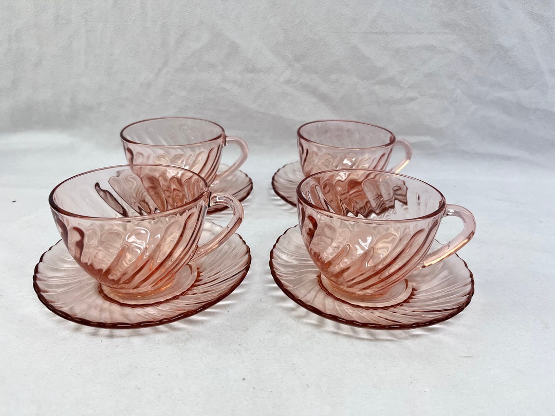 Vintage Arcoroc Rosaline Pink Swirl Glass Cupa and Saucers 8 Piece Set ...