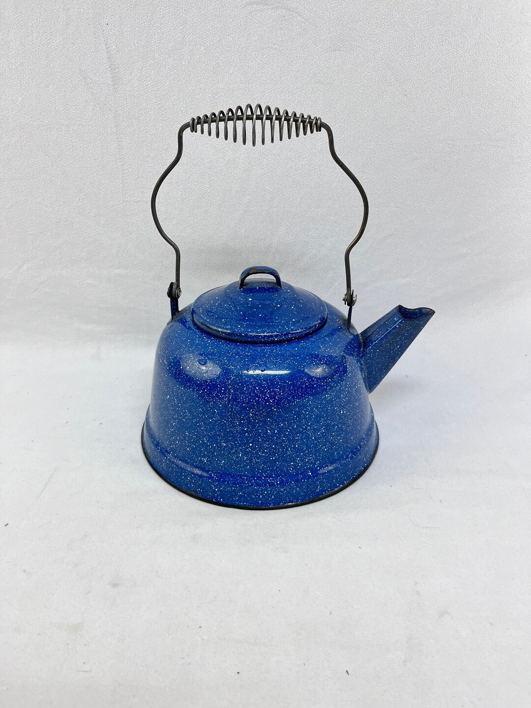 Vintage Enamelware Tea Kettle, Blue and Black Speckled Pot, Camping Tea ...