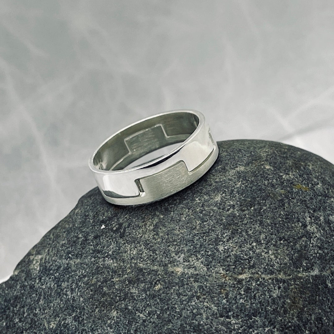 2 Piece Ring Matte Silver Ring Polished Silver Ring Gift for Him Men ...