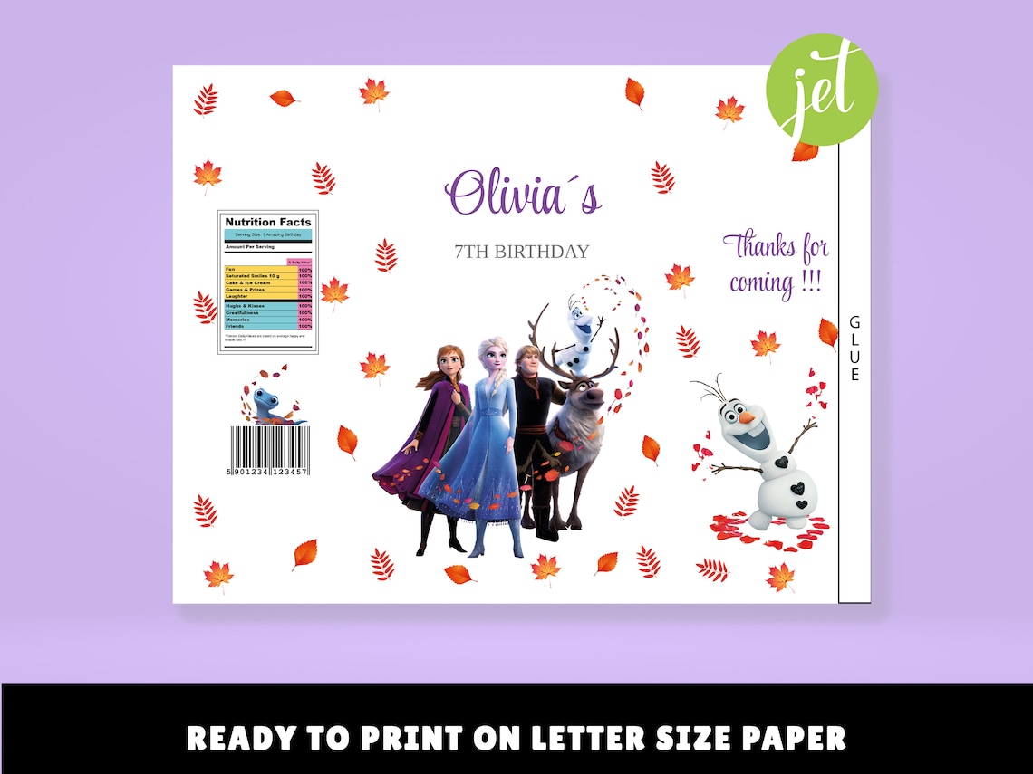 Editable Frozen Chip Bag Wrapper Label Elsa Anna Olaf Kristoff Sven Ice ...