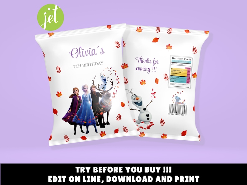 Editable Frozen Chip Bag Wrapper Label Elsa Anna Olaf Kristoff Sven Ice ...