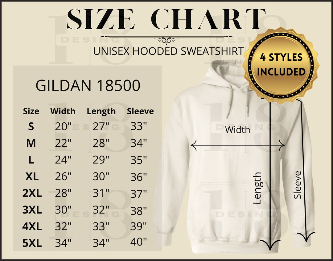 Gildan 18500 Size Chart, G18500 Size Chart, 18500 Hoodie Mockup, Unisex ...