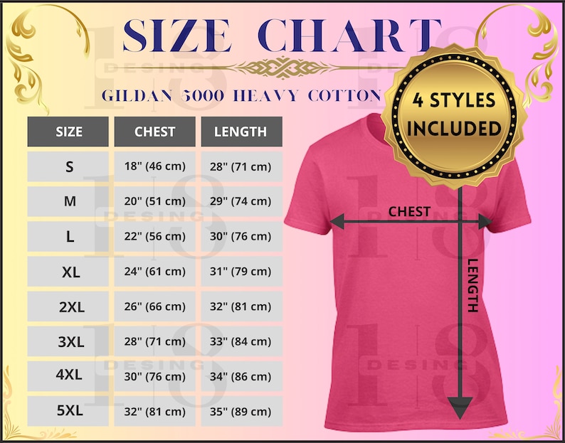 Gildan 5000 Size Chart Inch & Cm, G5000 Size Table, Metric Size Guide ...