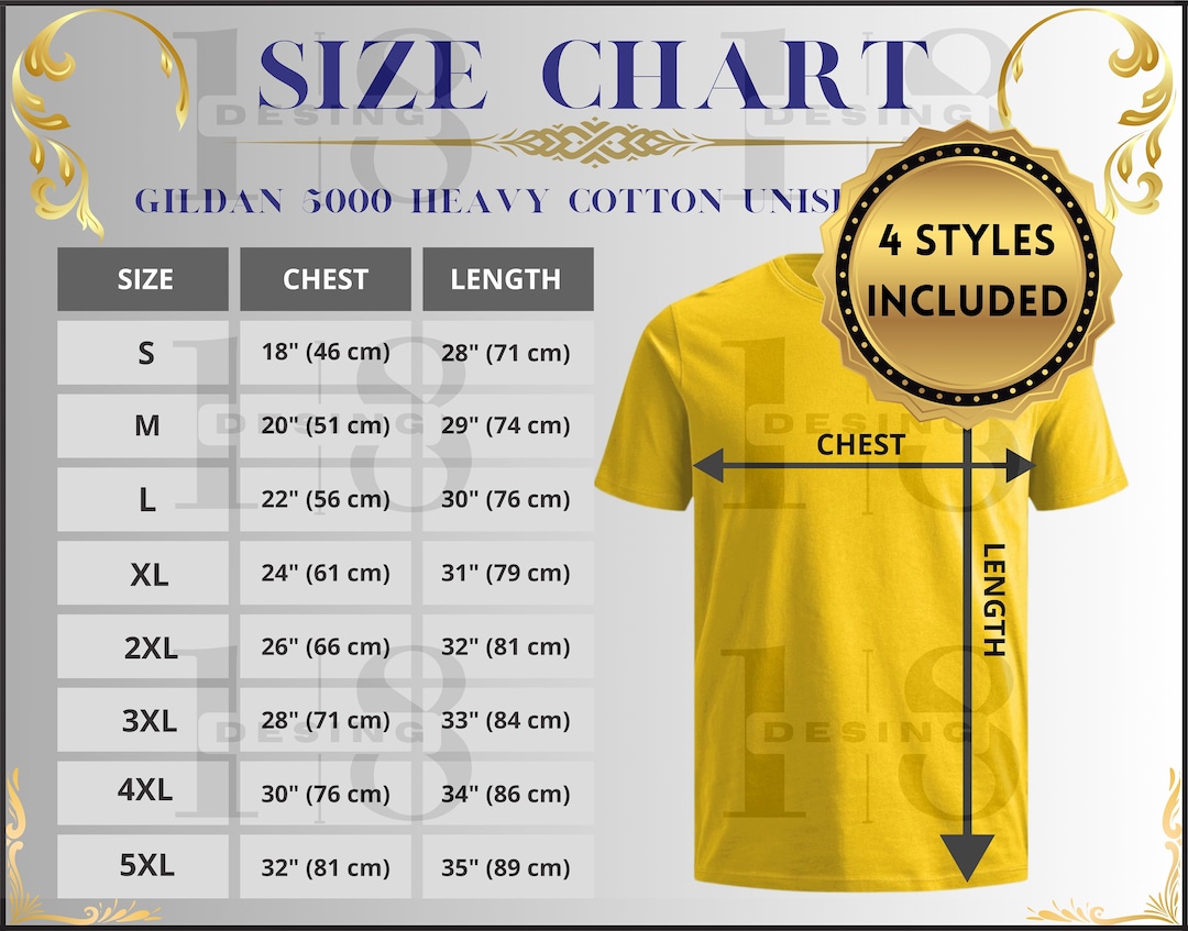 Size Chart Gildan 5000 Inch & Cm, Metric Size Guide, G5000 Size Table ...