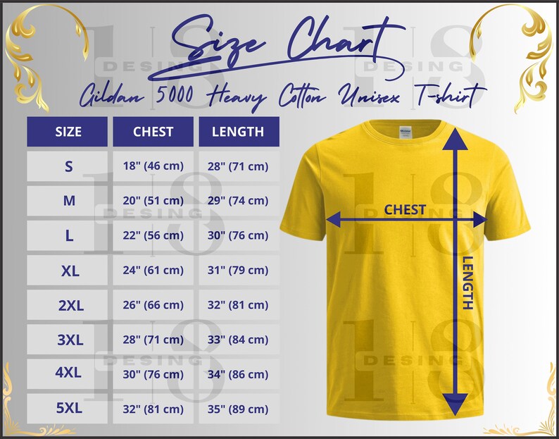 Size Chart Gildan 5000 Inch & Cm, Metric Size Guide, G5000 Size Table ...