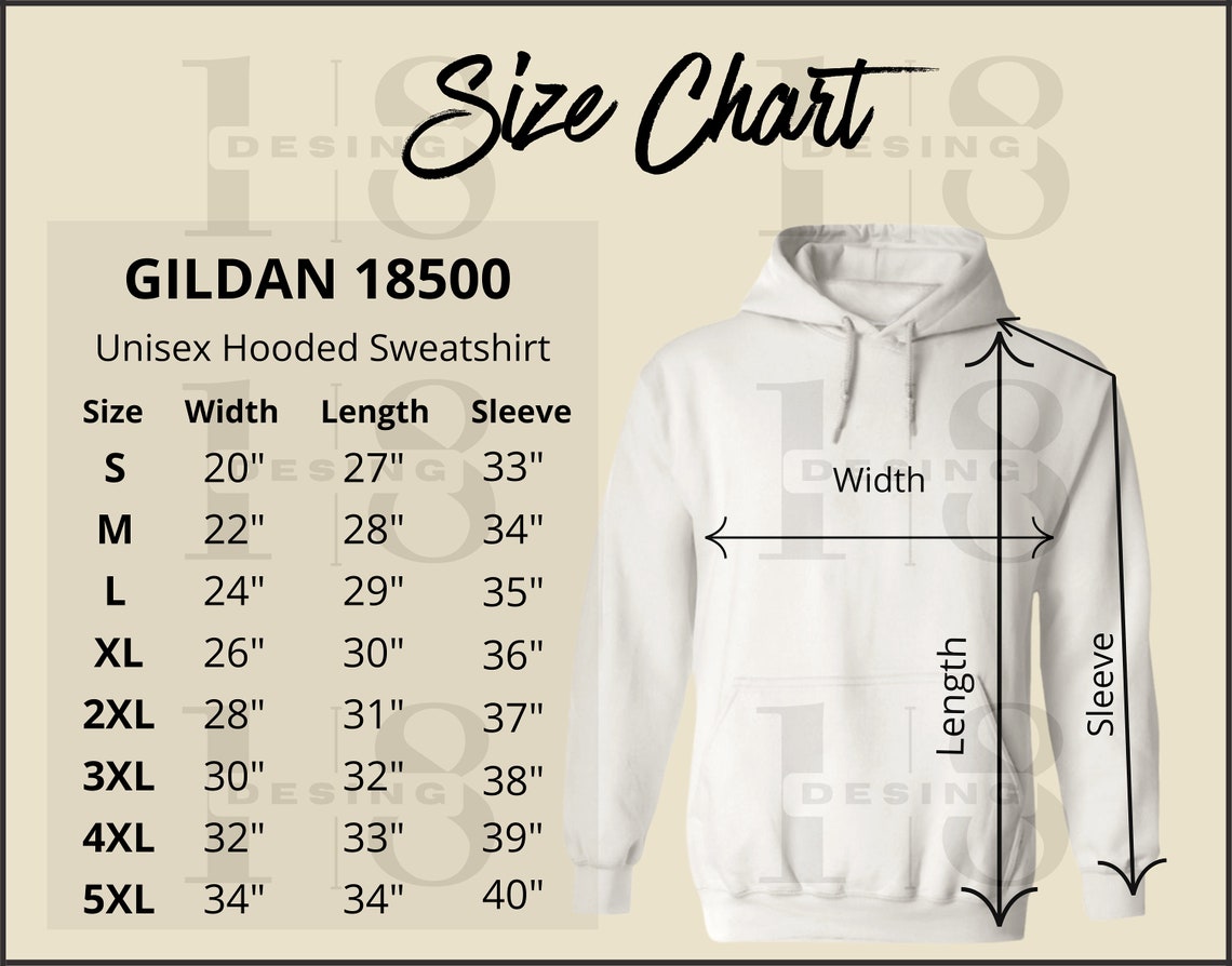 Gildan 18500 Size Chart, G18500 Size Chart, 18500 Hoodie Mockup, Unisex ...