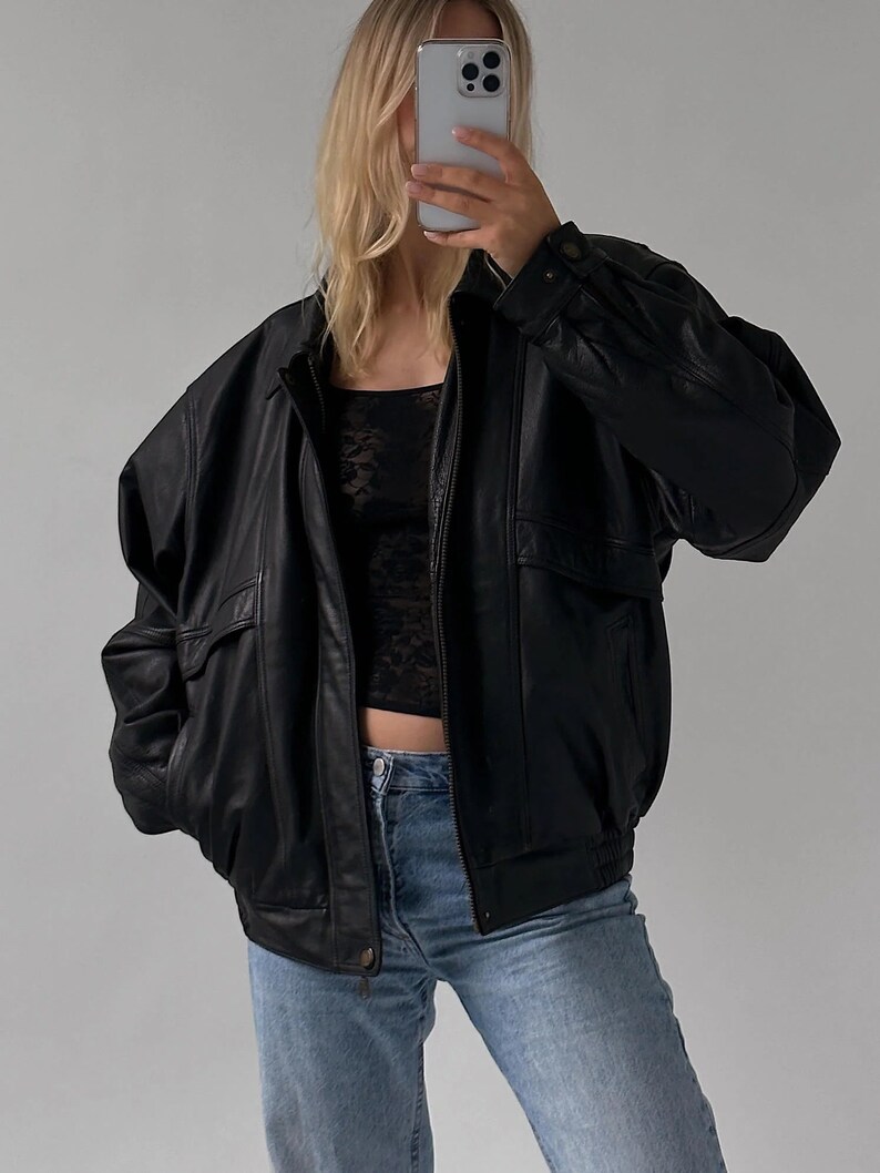 Women 90s Oversized Black Leather Jacket, Ladies Straight-cut Jacket ...
