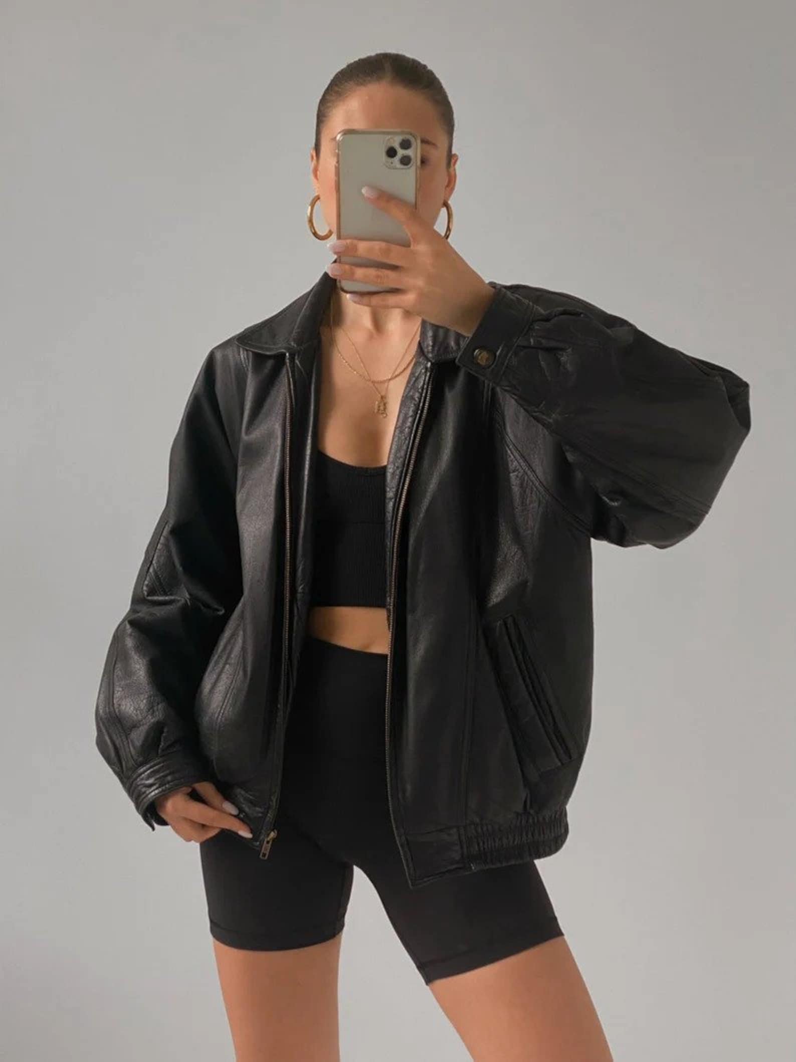 Women Oversized Black Leather Jacket, Ladies Straight-cut Jacket Coat, Genuine Sheepskin Soft ...