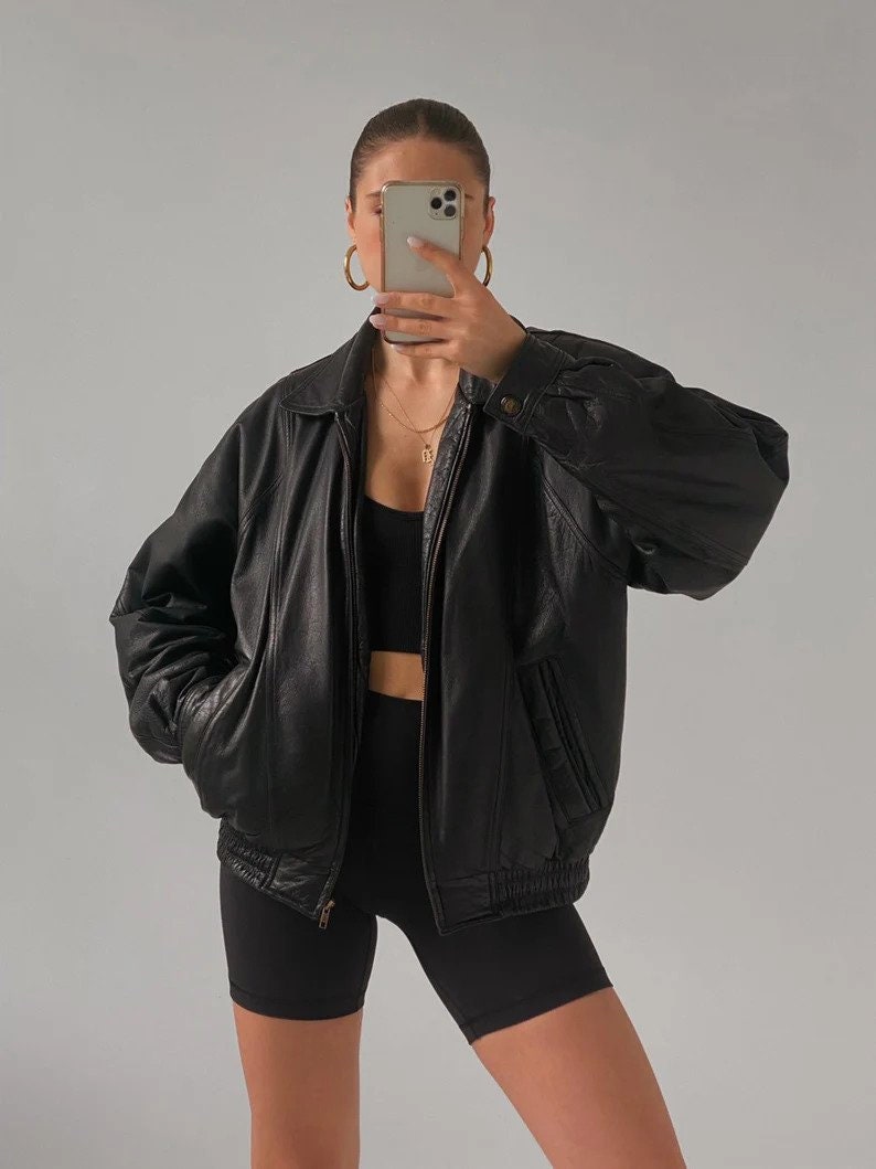 Women Oversized Black Leather Jacket, Ladies Straight-cut Jacket Coat ...