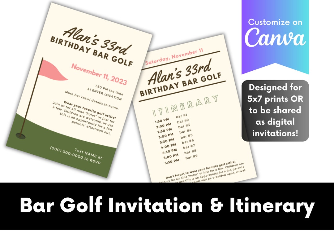 Retro Bar Golf Birthday Invitation and Itinerary, Golf Bar Crawl ...
