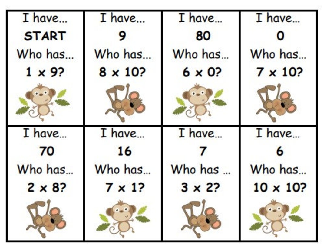 Multiplication Game I Have Who Has Numbers: 1, 2, 5, 10 ,0 ...