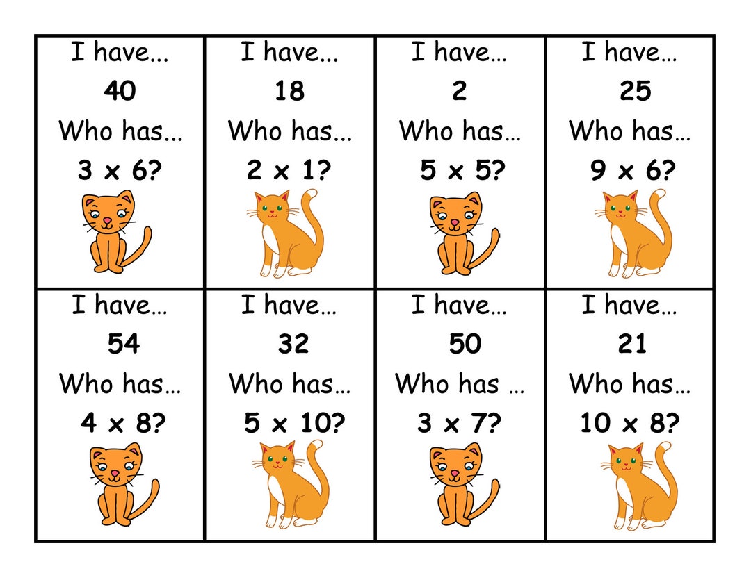 Multiplication Game I Have Who Has Numbers 1-10, Home School, Math Game ...