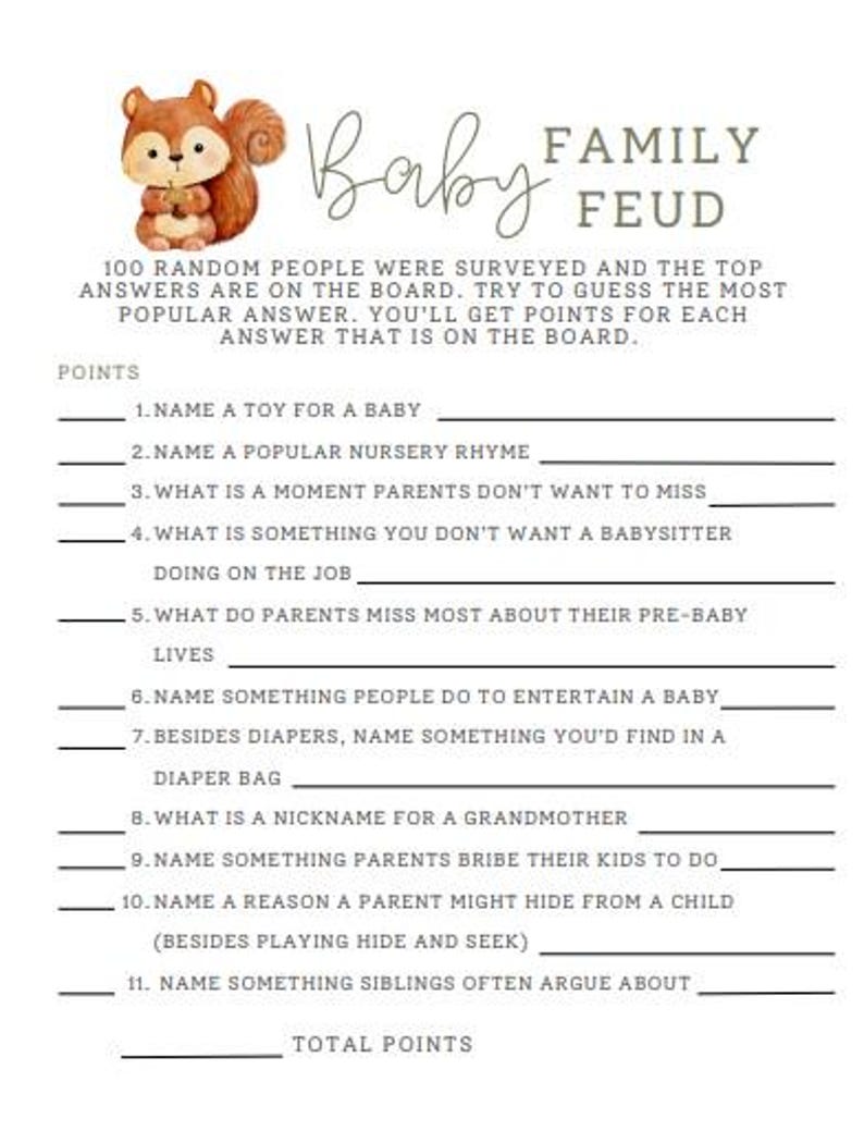 Woodland Baby Animals Baby Shower Theme Unique Family Feud Game - Etsy