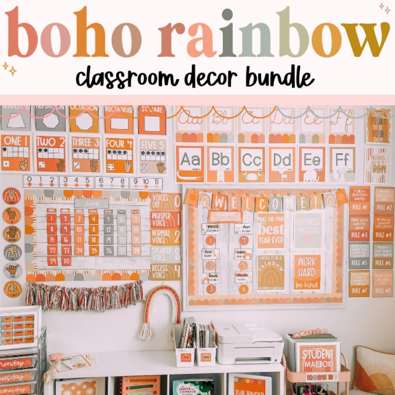 Boho Rainbow Classroom Decor Bundle, Editable, Calm Classroom Decor ...