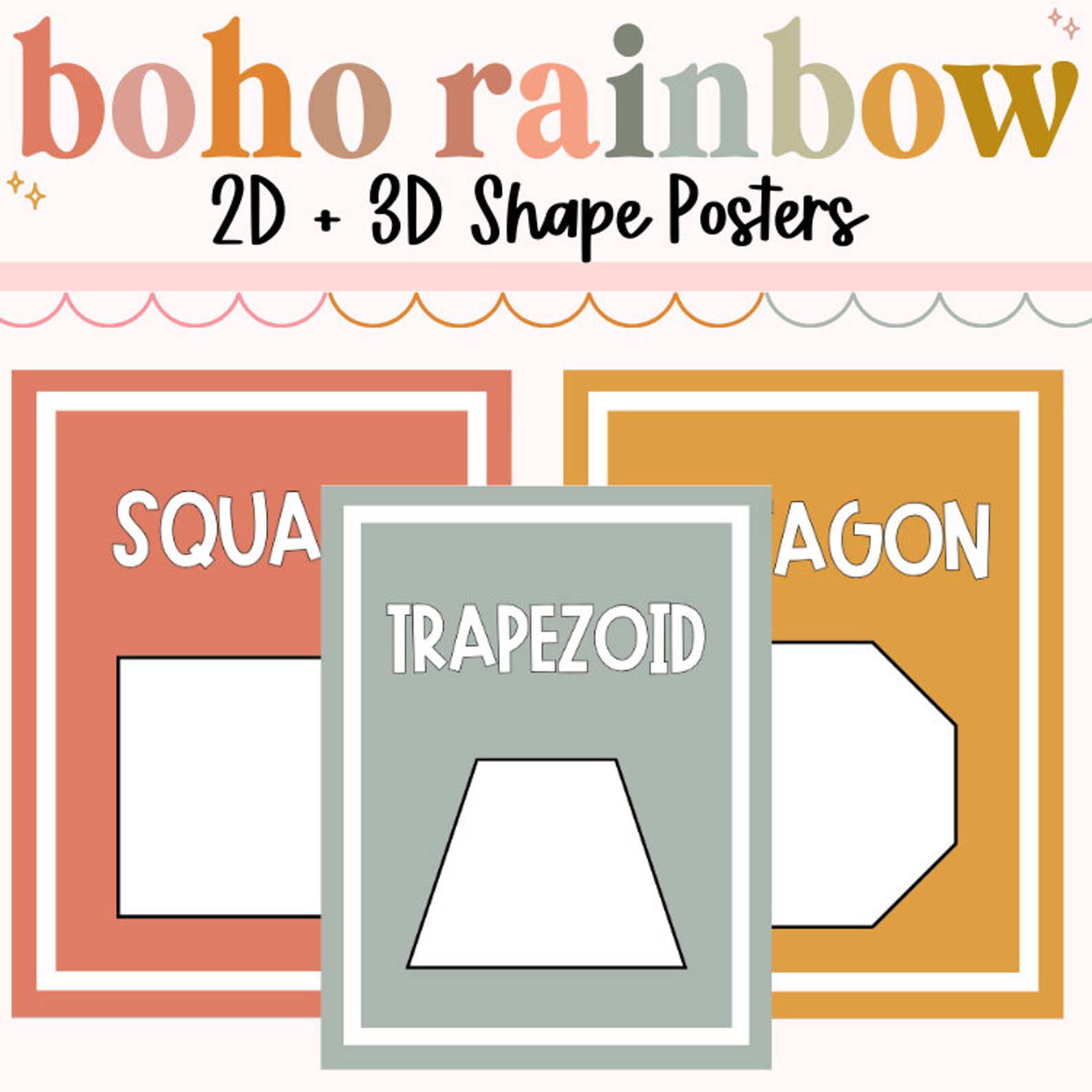 2D 3D Shape Posters, Boho Rainbow Decor Bundle, Editable Posters, Boho ...
