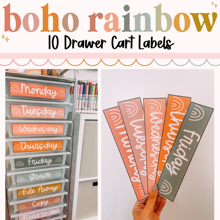 10 Drawer Cart Labels, Boho Rainbow, Decor Bundle, Calm Classroom Decor ...