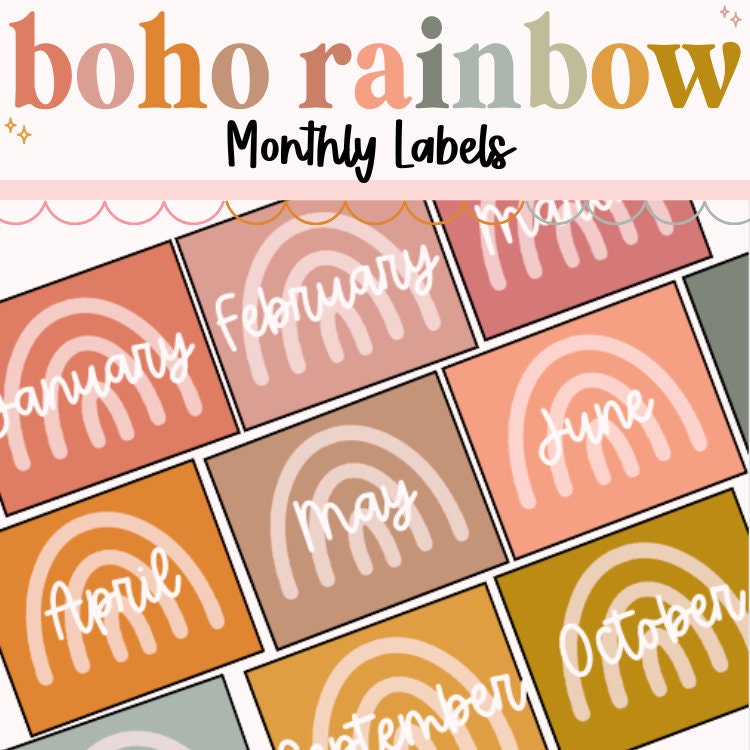 Classroom Labels, Monthly Labels, Boho Rainbow, Classroom Organization ...