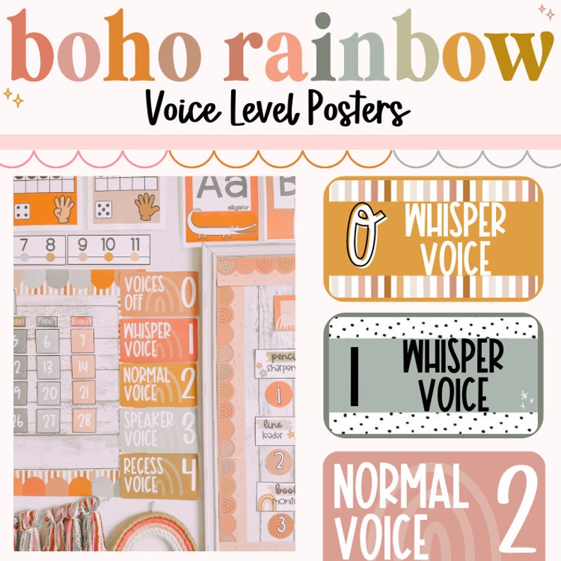 Voice Level Posters, Editable Posters, Boho Rainbow, Classroom ...