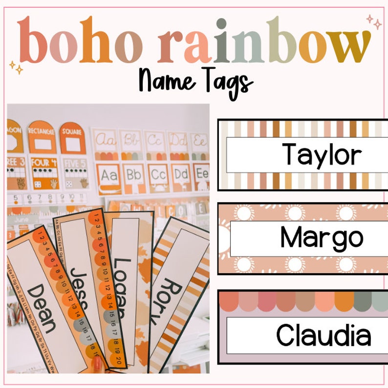 Classroom Name Tag, Student Name Plate, Editable, Boho Rainbow ...