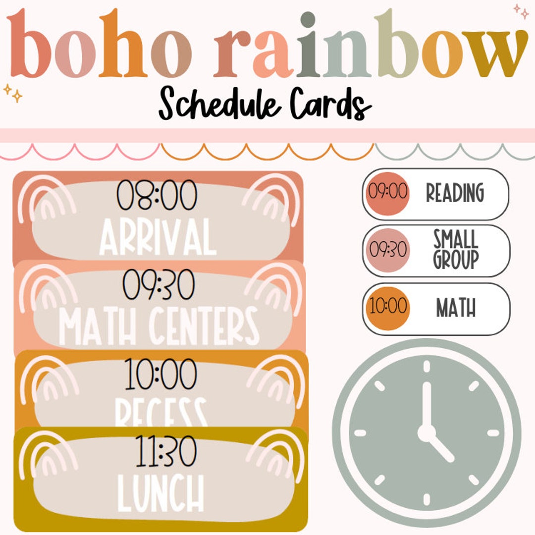 Schedule Cards, Class Schedule, Editable Labels, Boho Rainbow ...