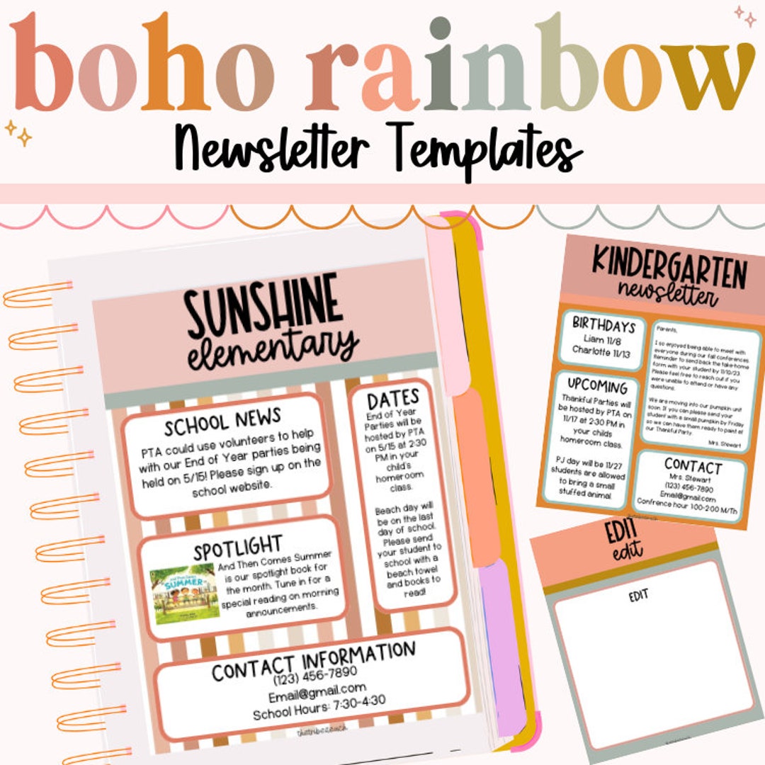 Newsletter Template, Class Newsletter, Boho Rainbow, Editable Template ...